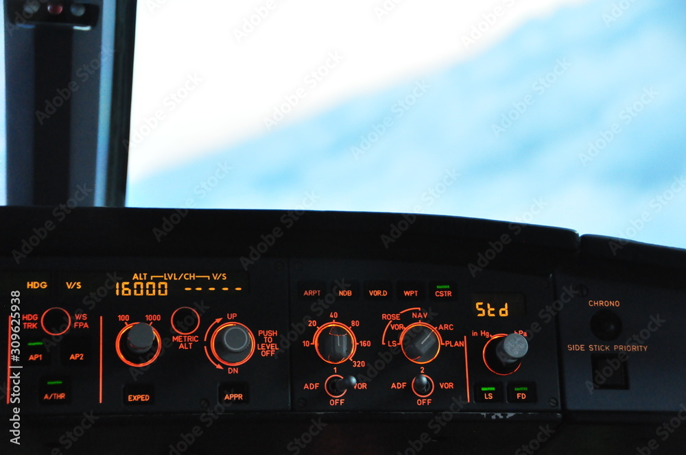Flight Control Unit (FCU) of an Airbus A320 in flight, cockpit view ...