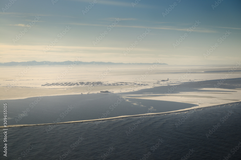 Aerial view of Eskimo village of Kaktovik Alaska on the Arctic Ocean ...