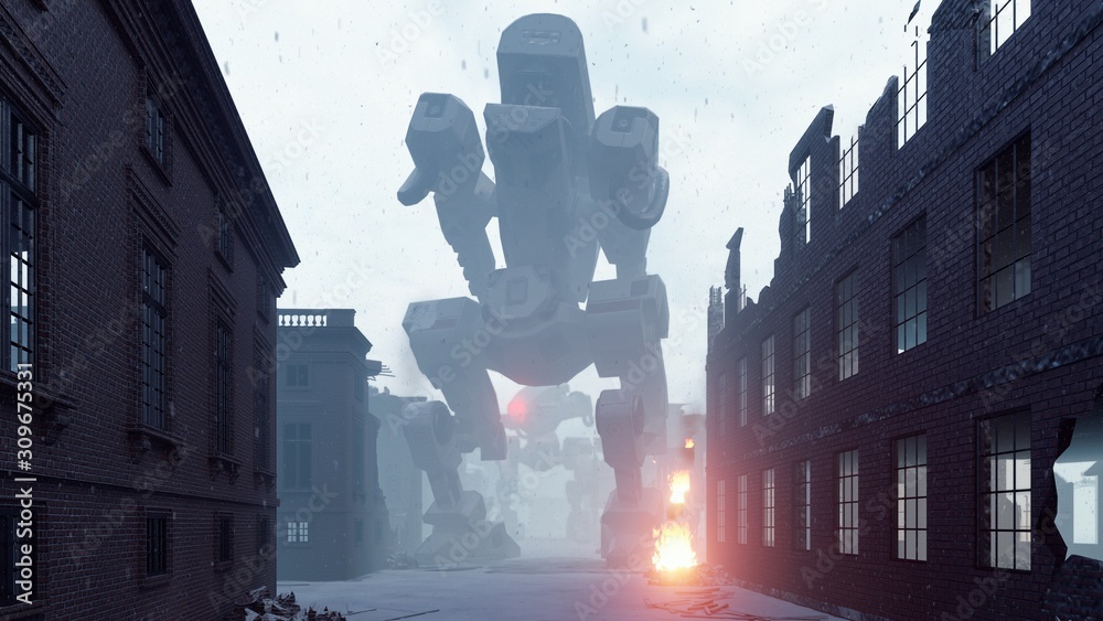 Ilustración de Stock Huge military robots are shelling the destroyed ...