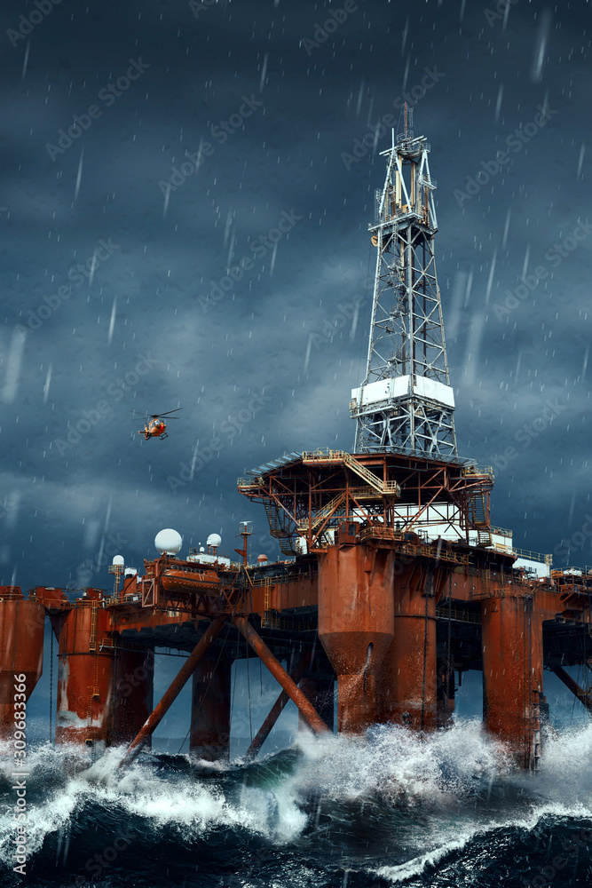 Offshore Oil Platform standing in the middle of ocean sea water during ...