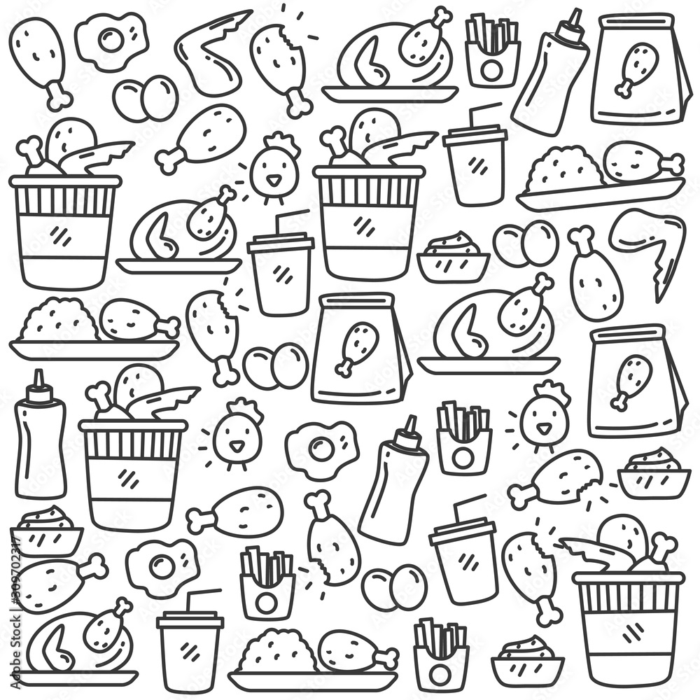 Set of fried chicken doodle vector illustration with cute design. Fried ... Set of fried chicken doodle vector illustration with cute design. Fried ...