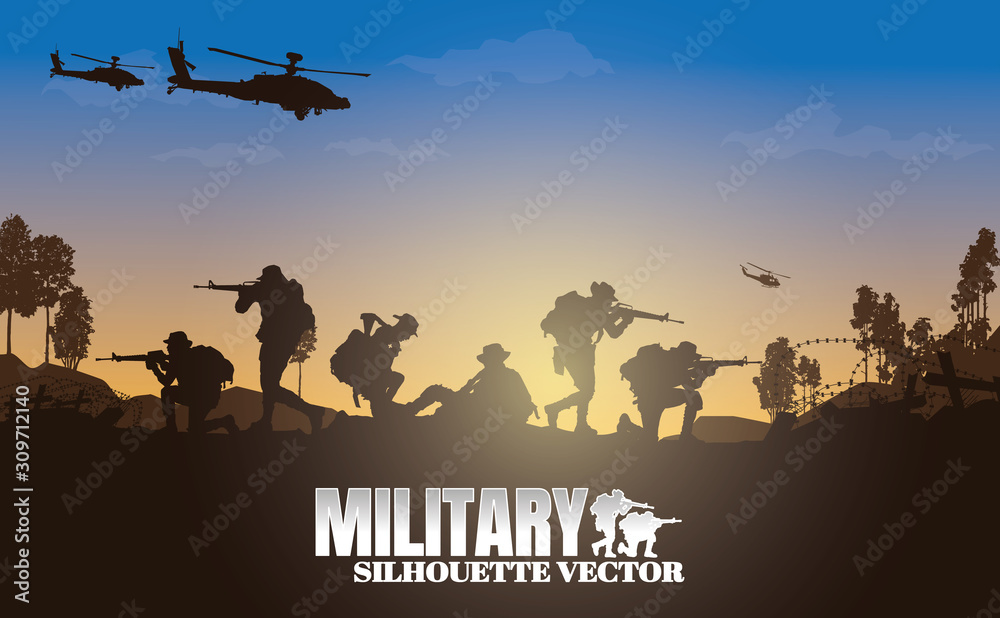 Military vector illustration, Army background, soldiers silhouettes ...