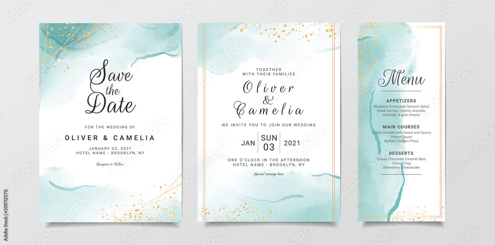 Blue watercolor wedding invitation card template set with gold glitter ...