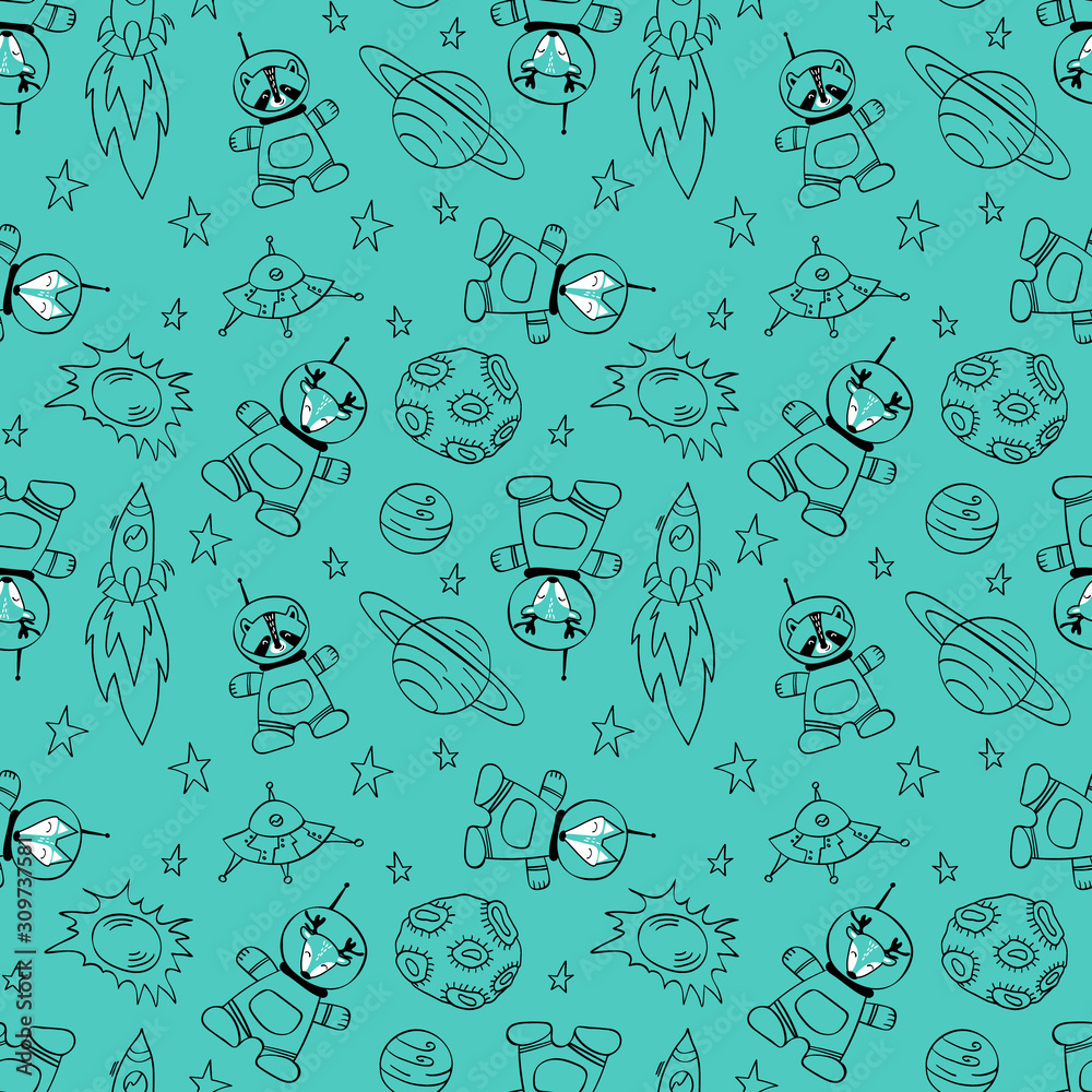 Childish seamless pattern with cute outline animals in space. Fox ...
