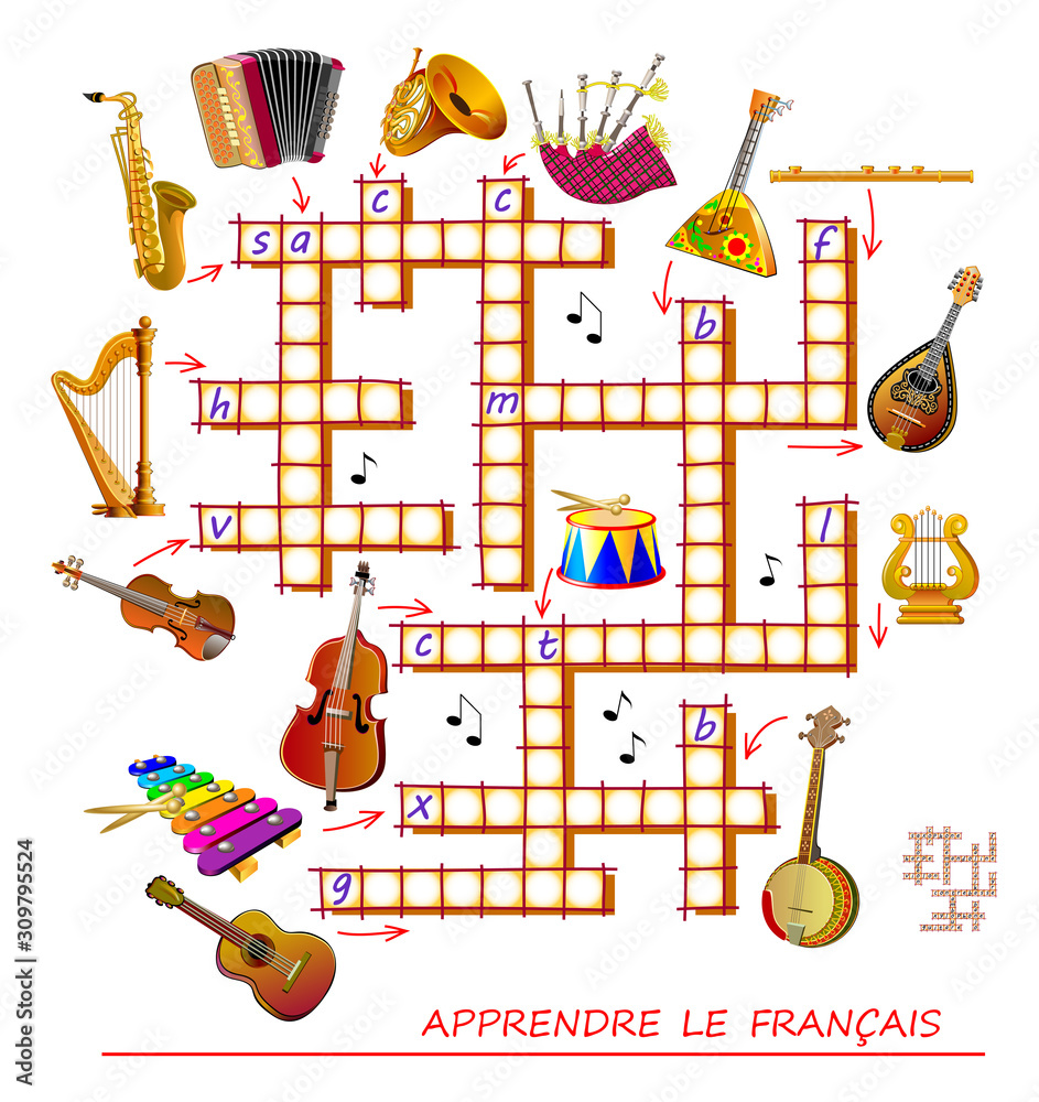 Crossword puzzle game with musical instruments. Learn French ...