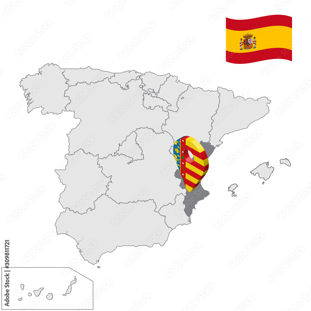 Location of Valencia on map Spain. 3d Valencia location sign similar to ...