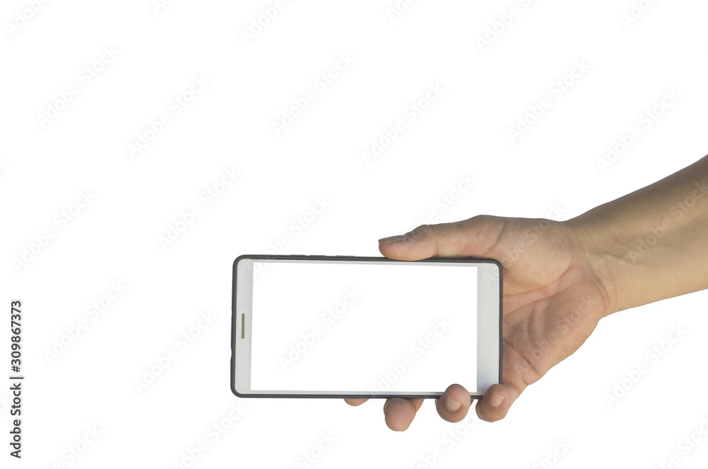 hand holding mobile pone touch screens and blank screens that are ...
