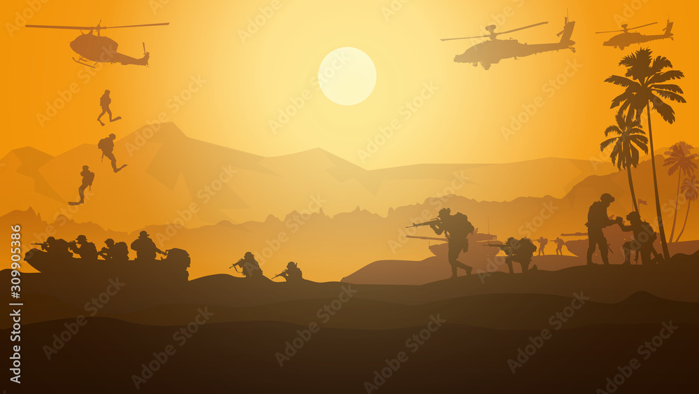 Military vector illustration, Army background, soldiers silhouettes ...