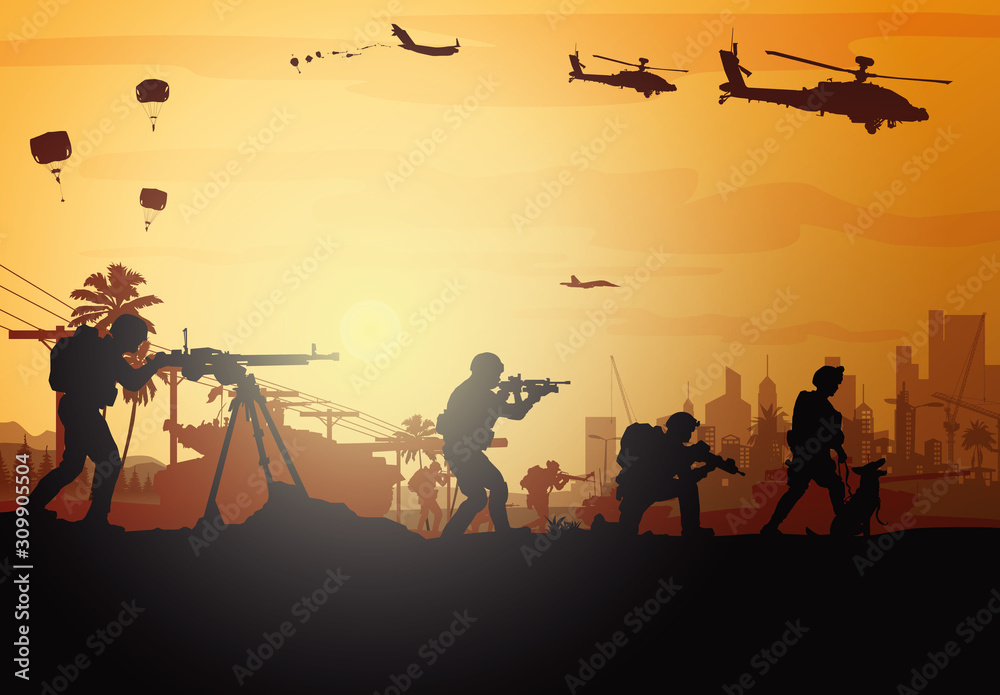 Military vector illustration, Army background, soldiers silhouettes ...