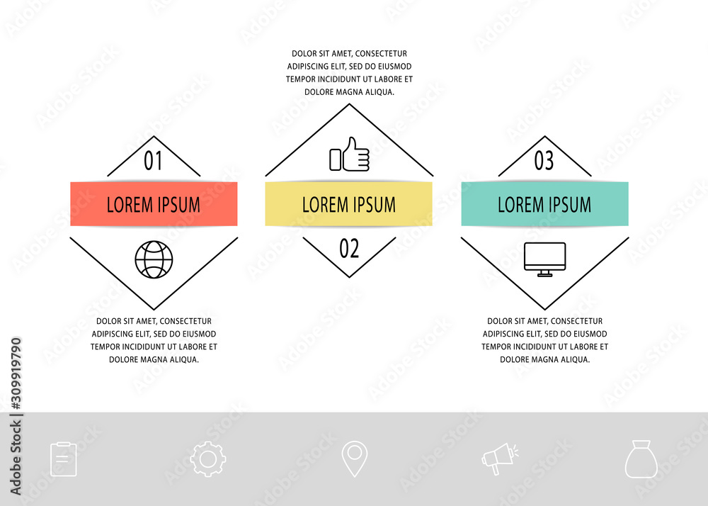 Vector infographic flat template. Triangle with arrows for three diagrams, graph, flowchart ...