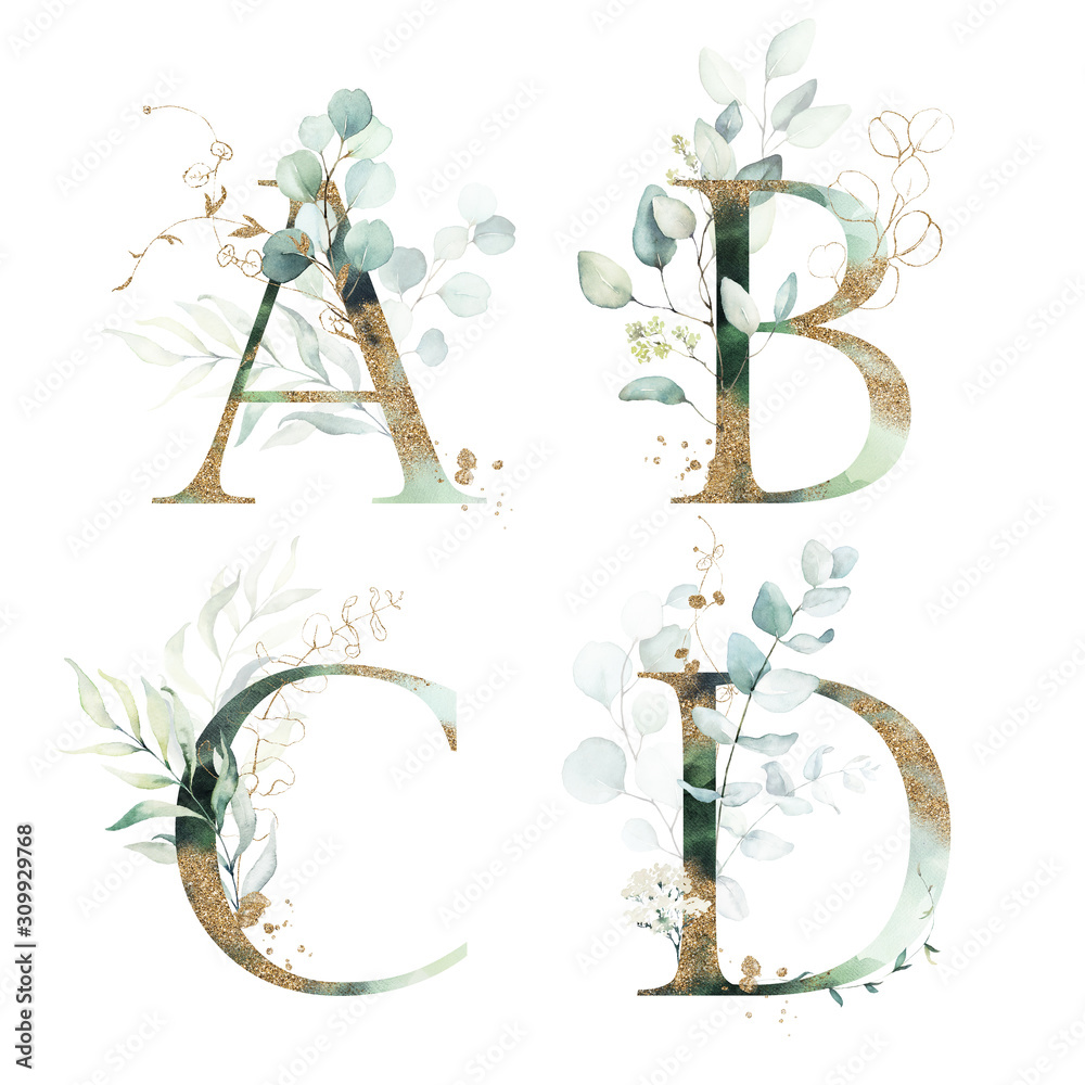 Gold Green Floral Alphabet Set - letters A, B, C, D with green leaves ...