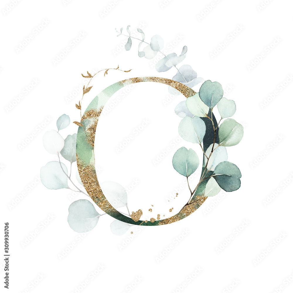Gold Floral Alphabet - letter O with gold and green botanic branch leaf ...
