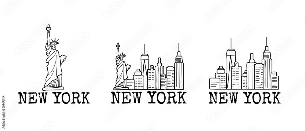 New York skyline cityscape line drawings set. Vector sketch ...