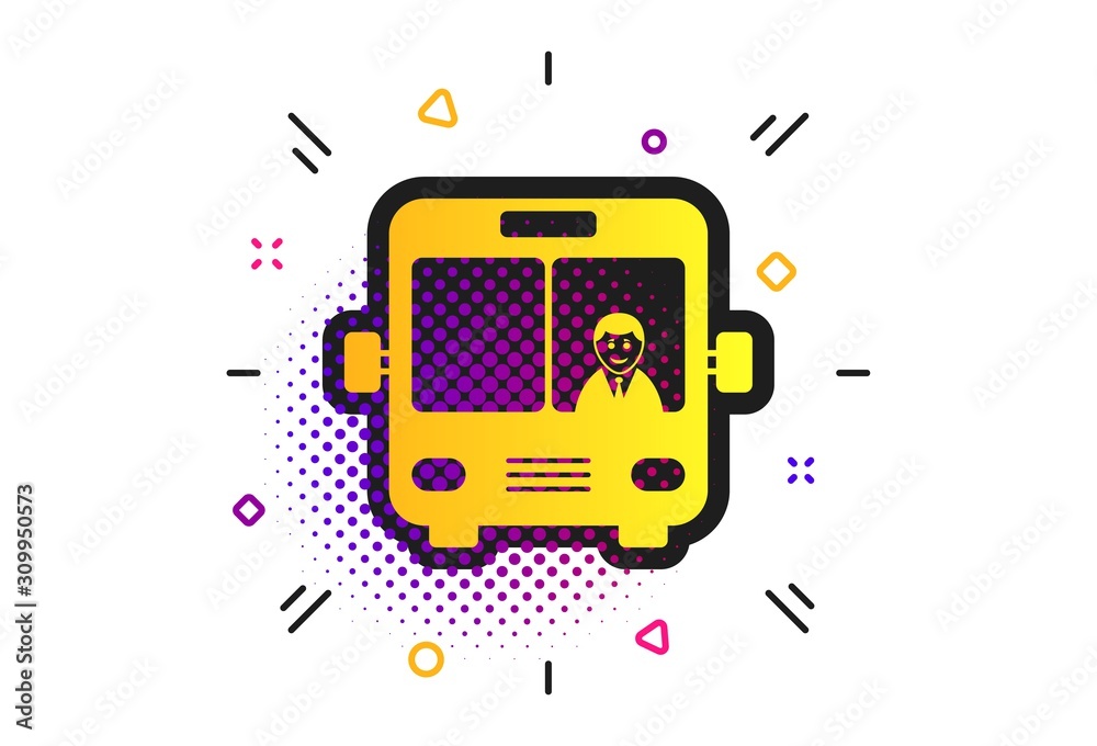 Bus sign icon. Halftone dots pattern. Public transport with driver ... Bus sign icon. Halftone dots pattern. Public transport with driver ...