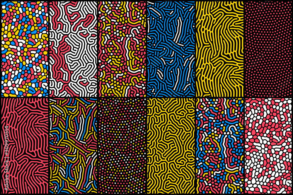 Set of organic seamless patterns with rounded lines, drips. Diffusion reaction background ...