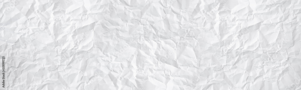 wide panorama white and gray crumpled paper texture background. crush ...