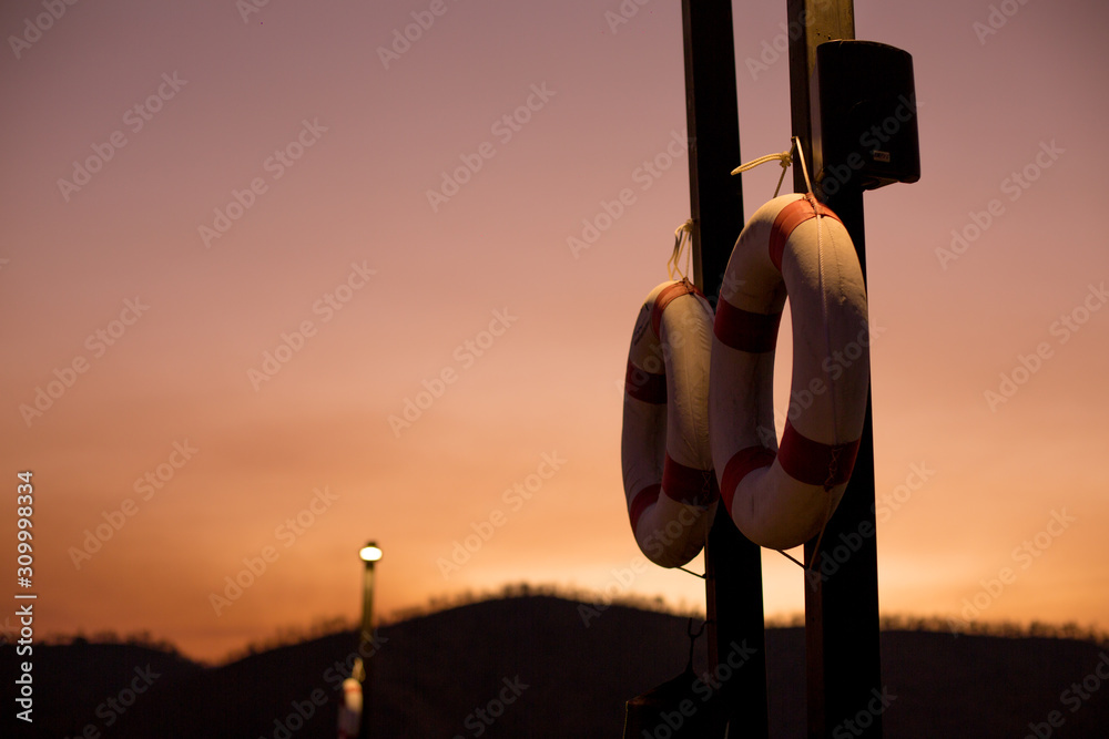 safety torus, lifebuoy, lifeguard ring hanged on raft food for see ...