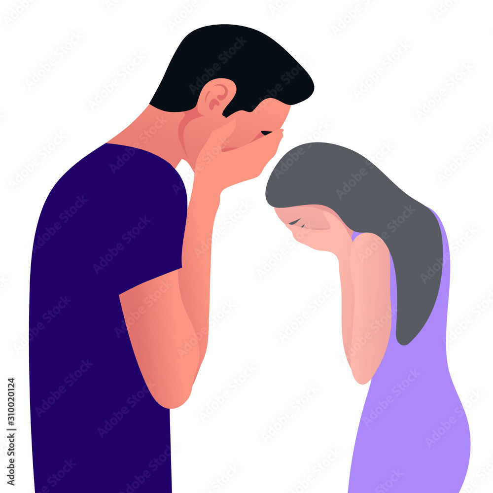 Young man and woman in despair. The guy and girl in profile is under ...