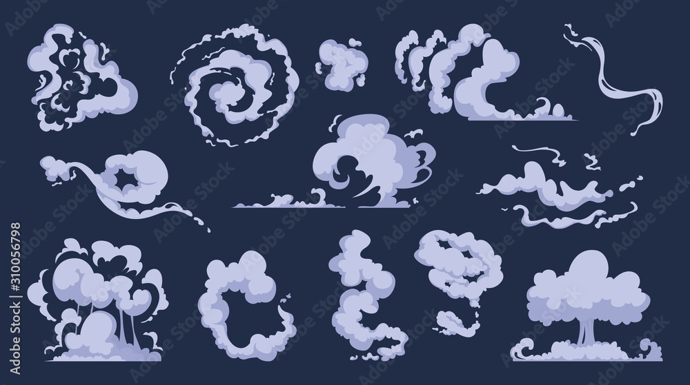 Cartoon smoke. Vfx comic bang clouds explosion of bomb speed storm ...