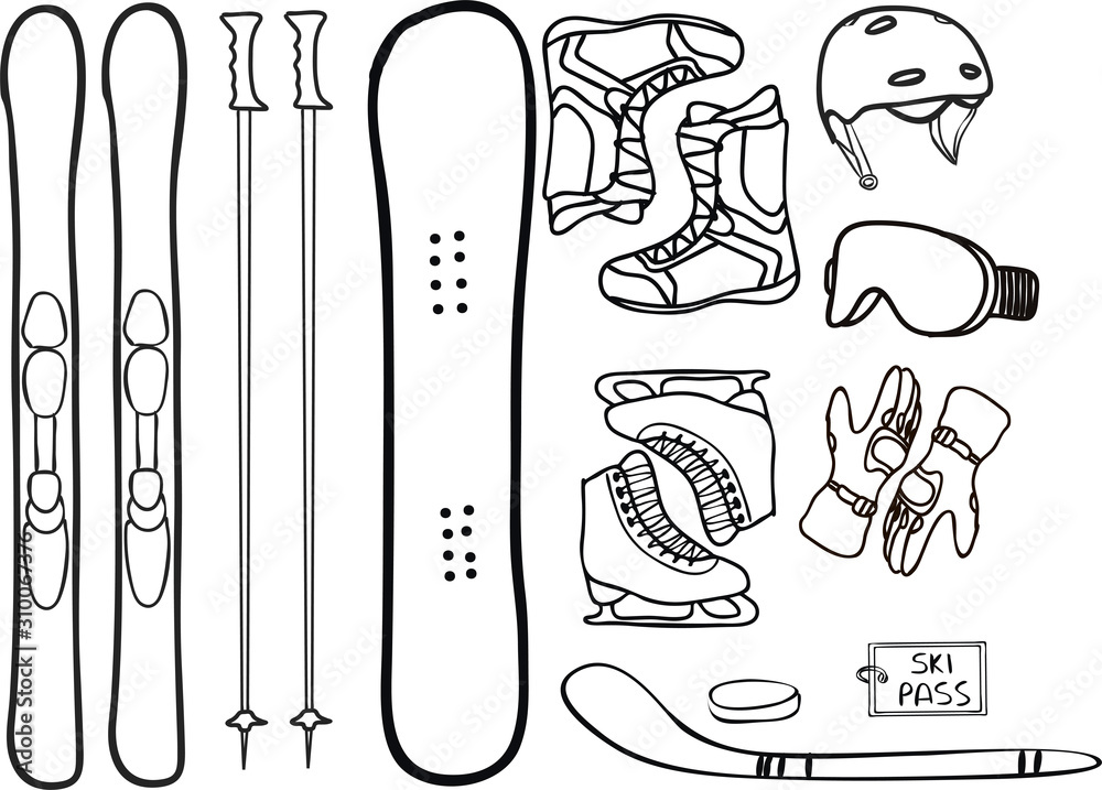 Winter sport icons set. Elements pack with ski, poles, snowboard, boots ...