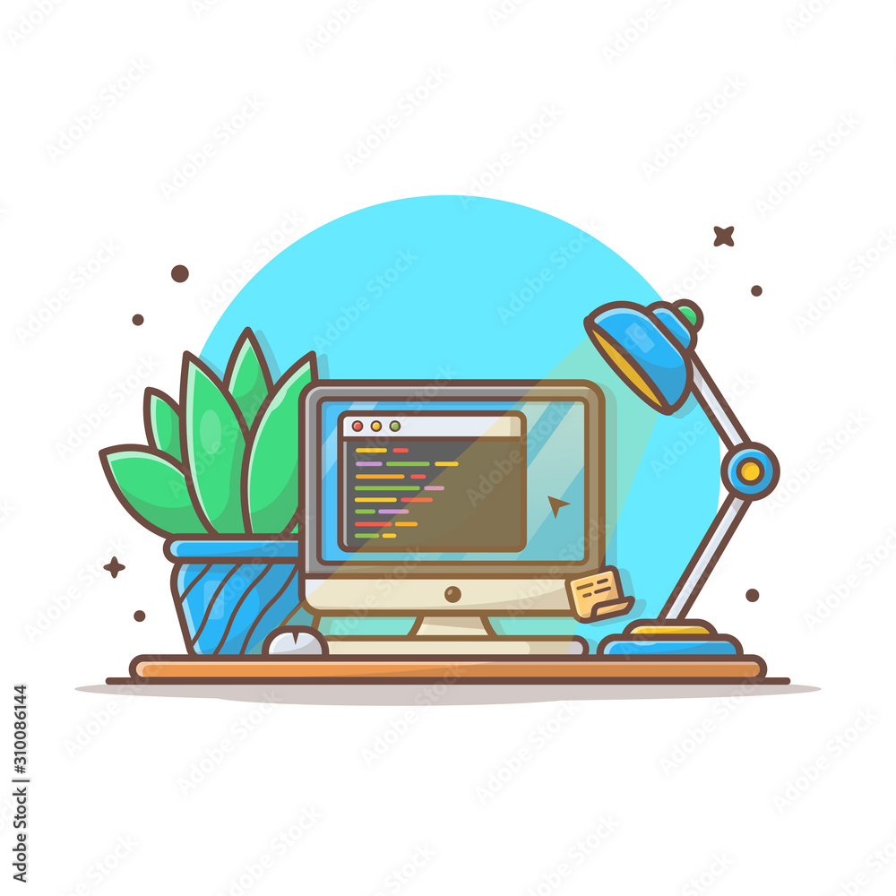 Computer Screen with Code, Plant and Lamp Vector Illustration. Office ...