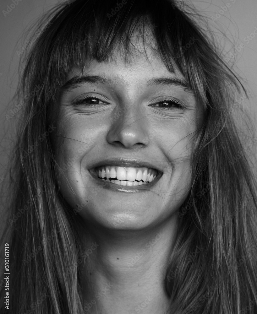 happy female model posing laughing black and white portrait. Beautiful ...
