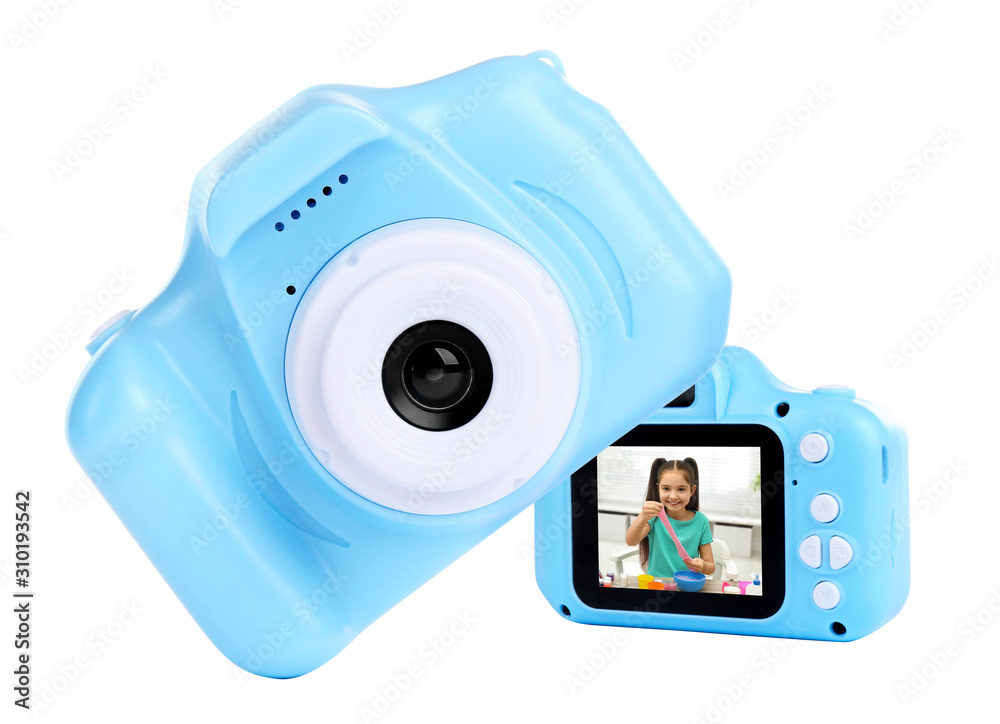 Blue toy cameras on white background in collage, one with photo of cute ...