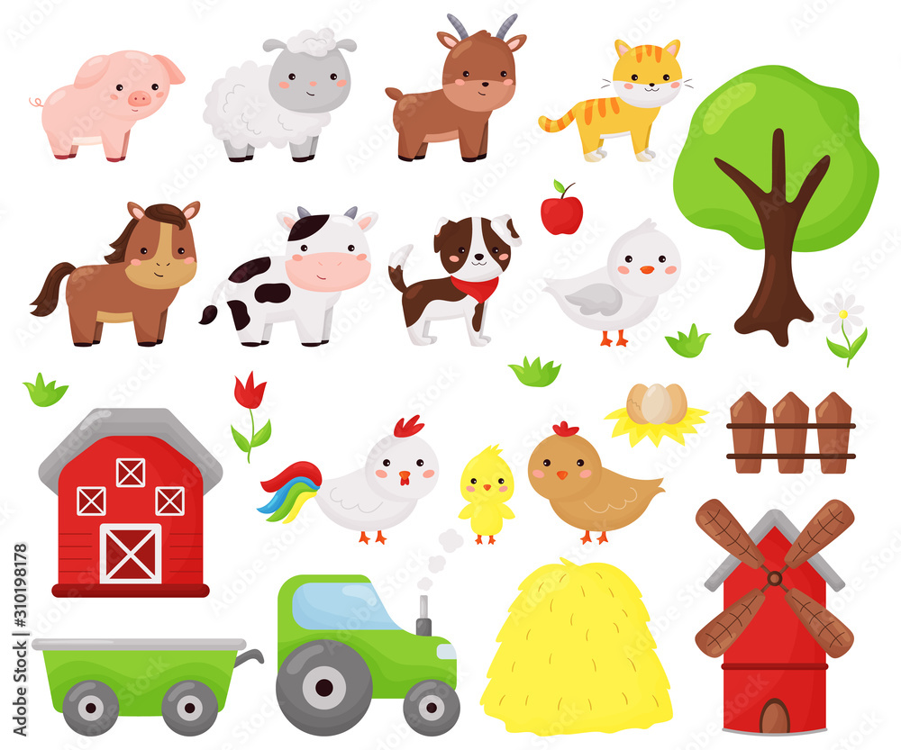 Cartoon kawaii vector set of farm animals: sheep, cow, dog, cat, horse ...