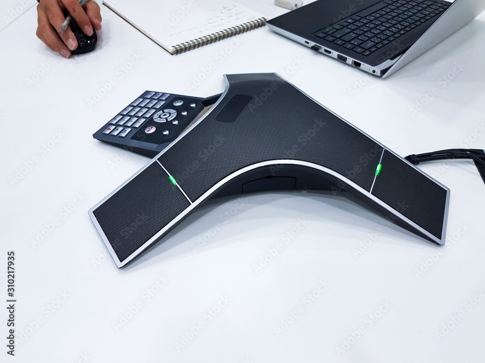 Business conference phone set up in the meeting room. Communication ...