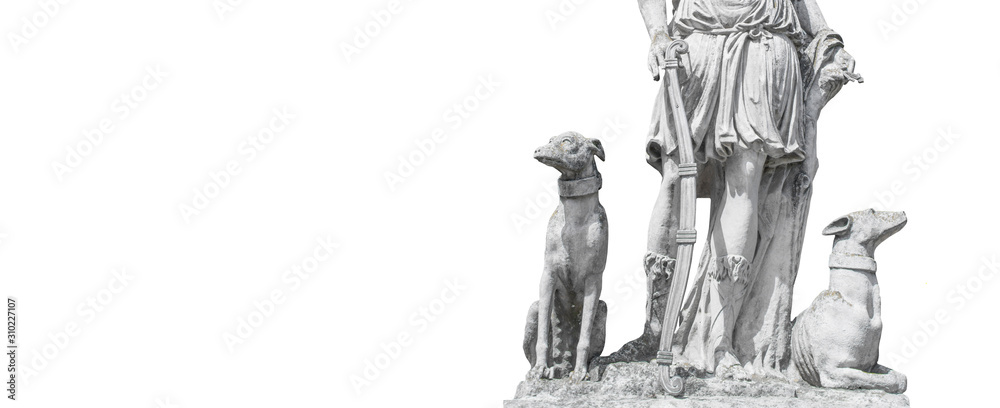 Fragment of ancient statue Diana (Artemida, Artemis) with two dogs ...