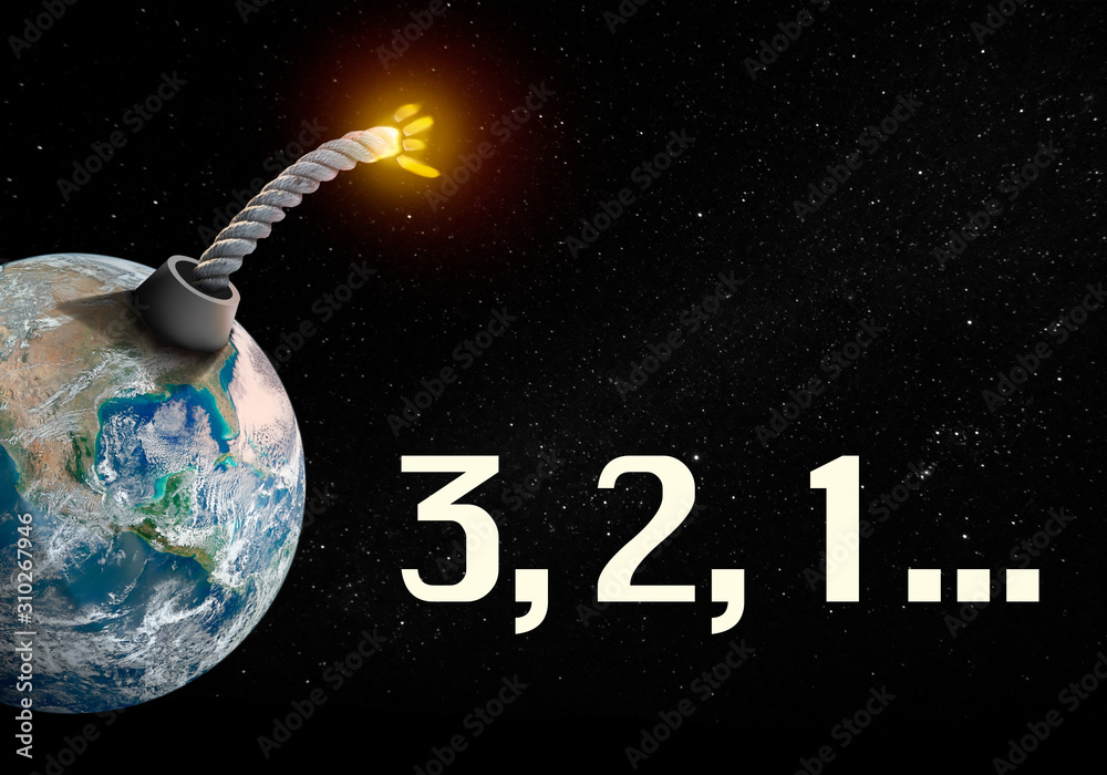 Space view of Earth changed into bomb with lit fuse, about to explode ...