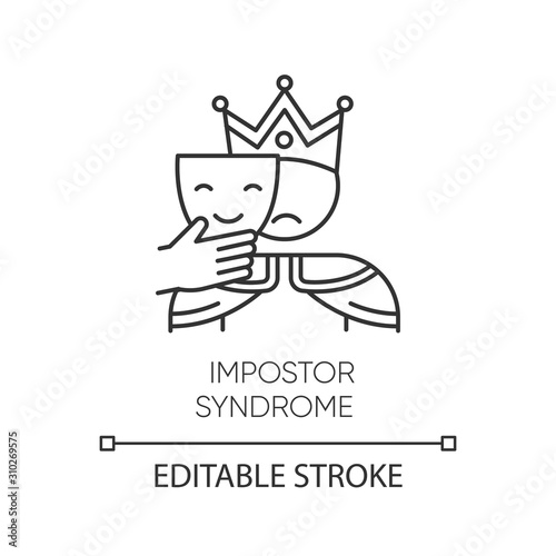 Impostor syndrome linear icon. Sad man with smile mask. Fraud, doubt ...