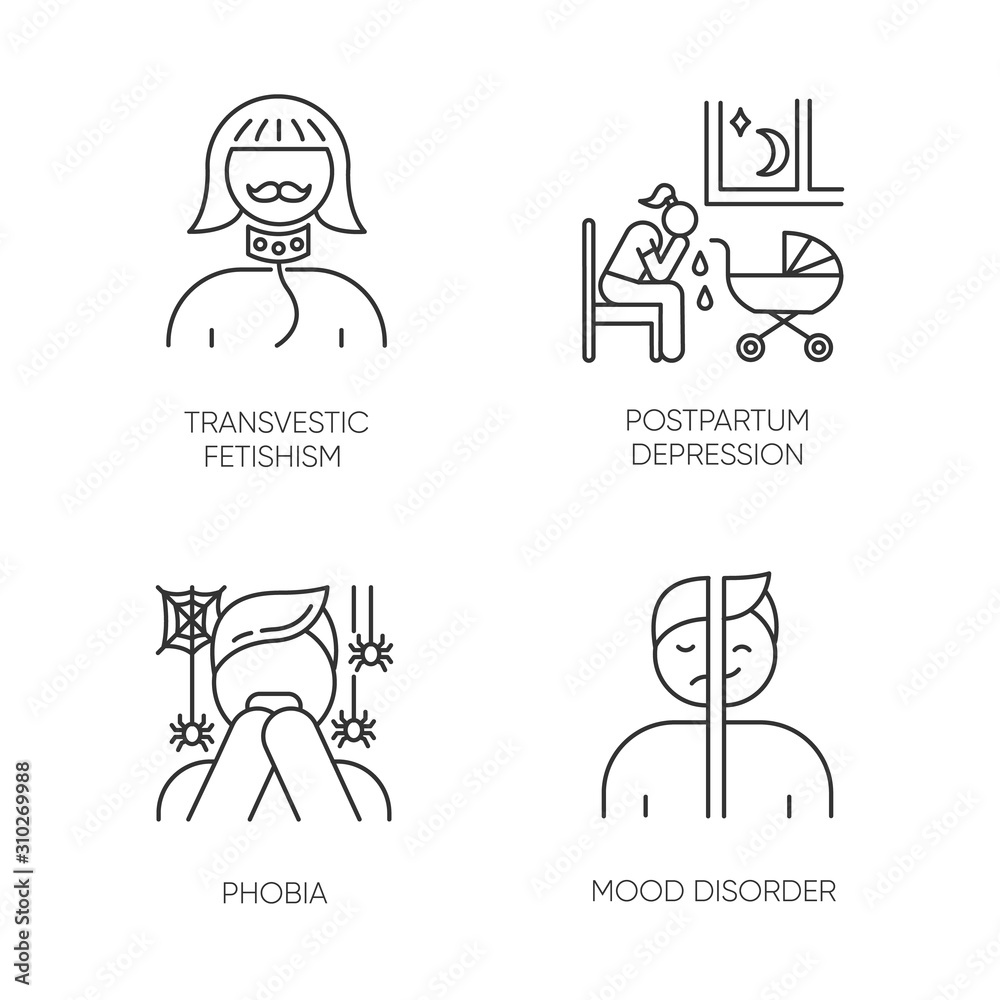 Vector de Stock Mental disorder linear icons set. Transvestic fetishism ...