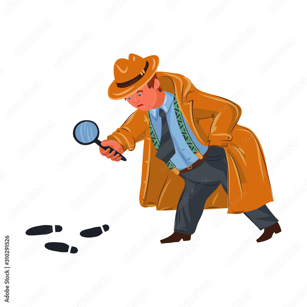 The classic detective with a magnifying glass following footprints ...