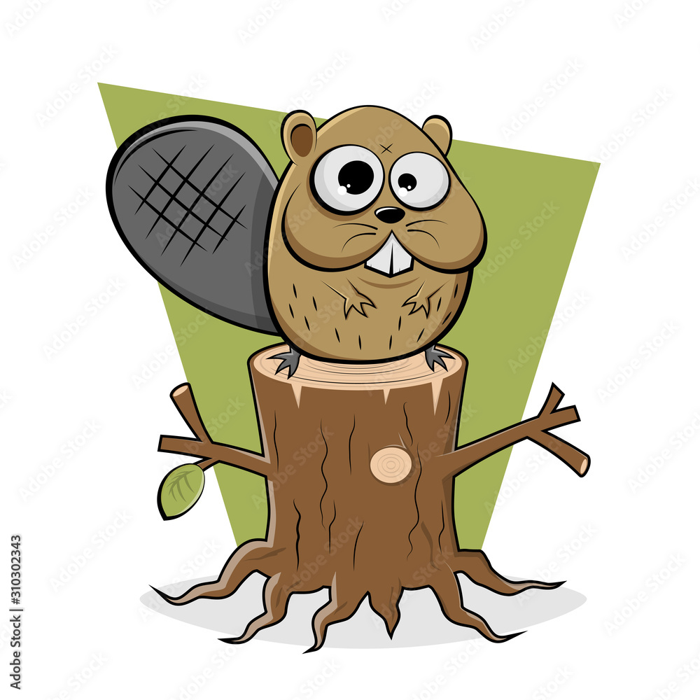 funny cartoon illustration of a beaver sitting on a tree stump Stock ...