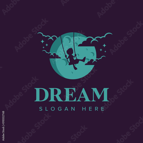 Dream logo iconic. Child play swing in the moon. Branding for creative ...