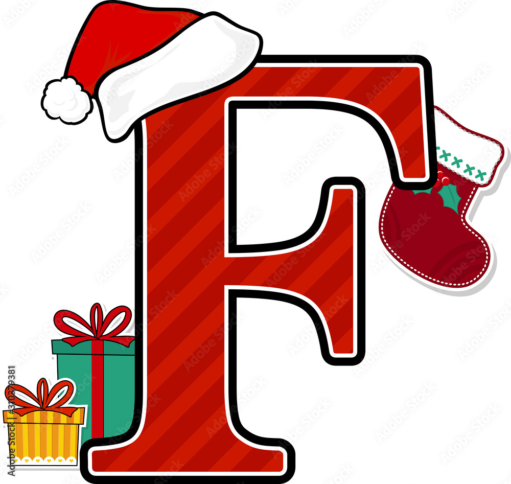 capital letter f with red santa's hat and christmas design elements ...