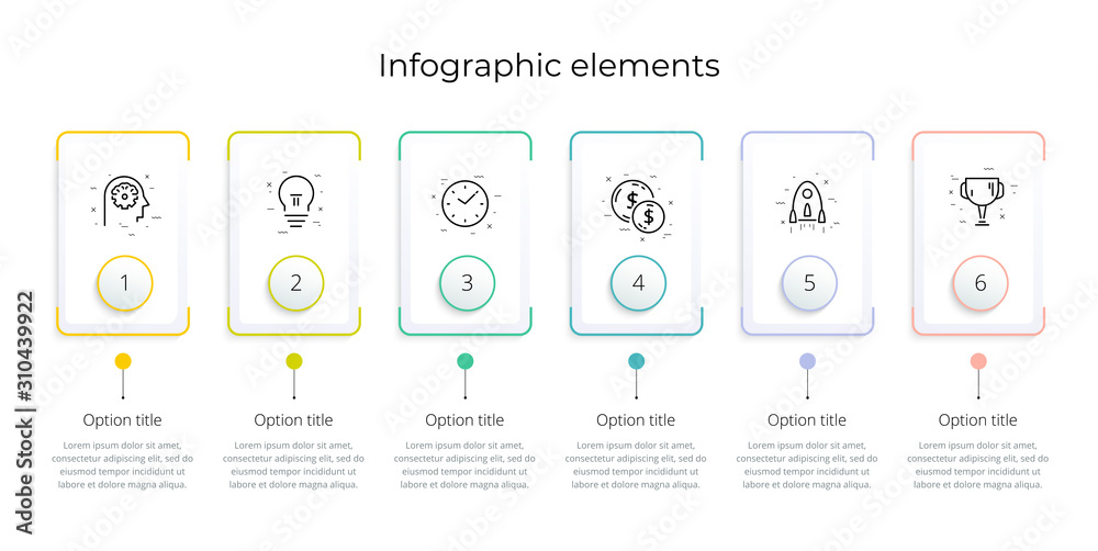 Business process chart infographics with 6 step rectangles. Rectangular ...