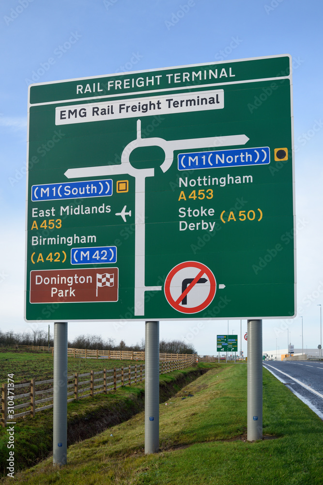Transport road signs for East Midlands Gateway Rail Terminal ,UK. Stock ...