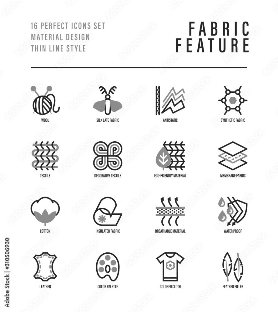 Fabric feather thin line icons set. Symbols of wool, synthetic, silk ...
