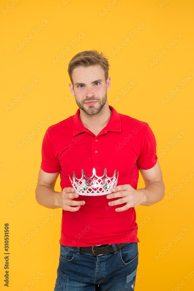 Coronation king. Handsome man wear crown symbol of superiority. Premium ...