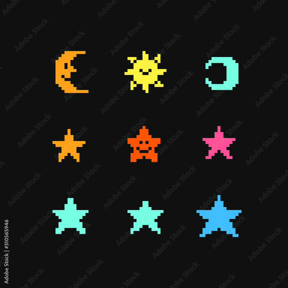 Moon, sun and star characters, pixel art icons set, isolated vector ...