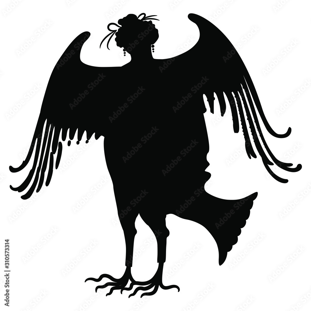 Isolated vector illustration. Silhouette of ancient Greek winged Siren ...