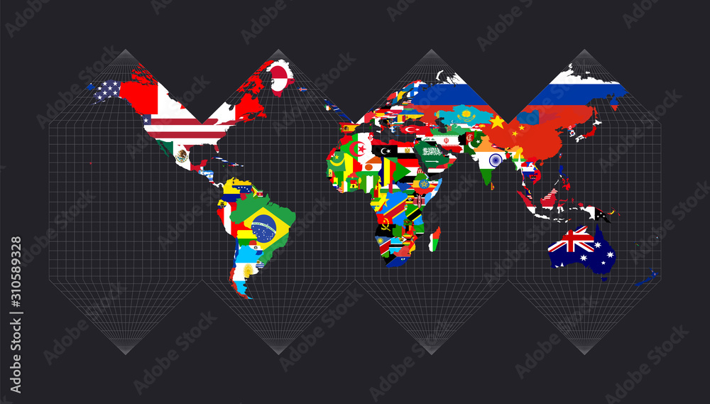 World Map With Flags Healpix Projection Map Of The World With Meridians On Dark Background