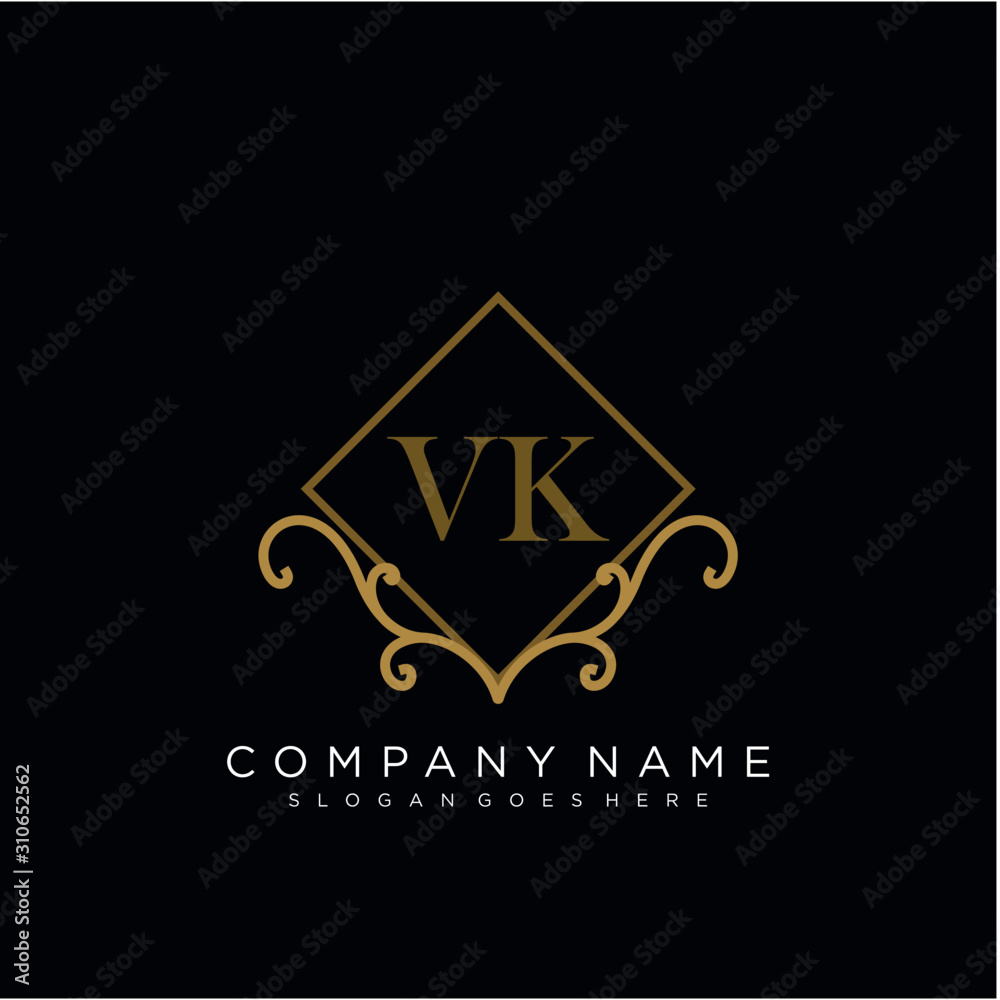 Initial letter VK logo luxury vector mark, gold color elegant classical ...
