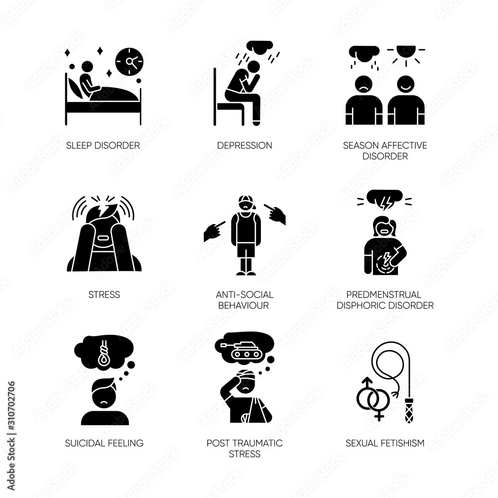 Mental disorder glyph icons set. Depression. Season affective. Stress ...