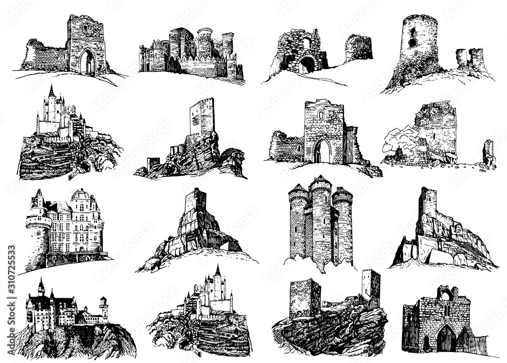 Graphical set of medieval castles isolated on white background,vector ...