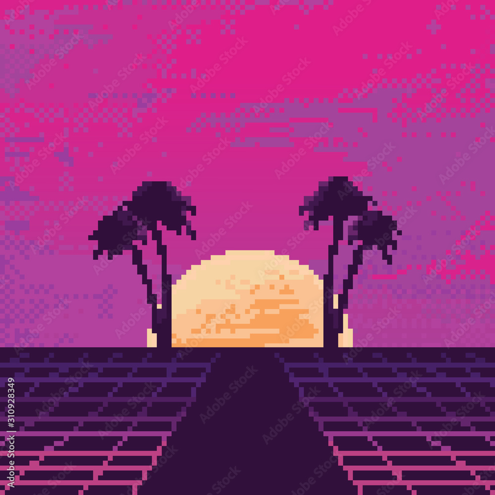 Vector pixel art of 80s Retro sci-Fi background. Synthwave, Vaporwave ...