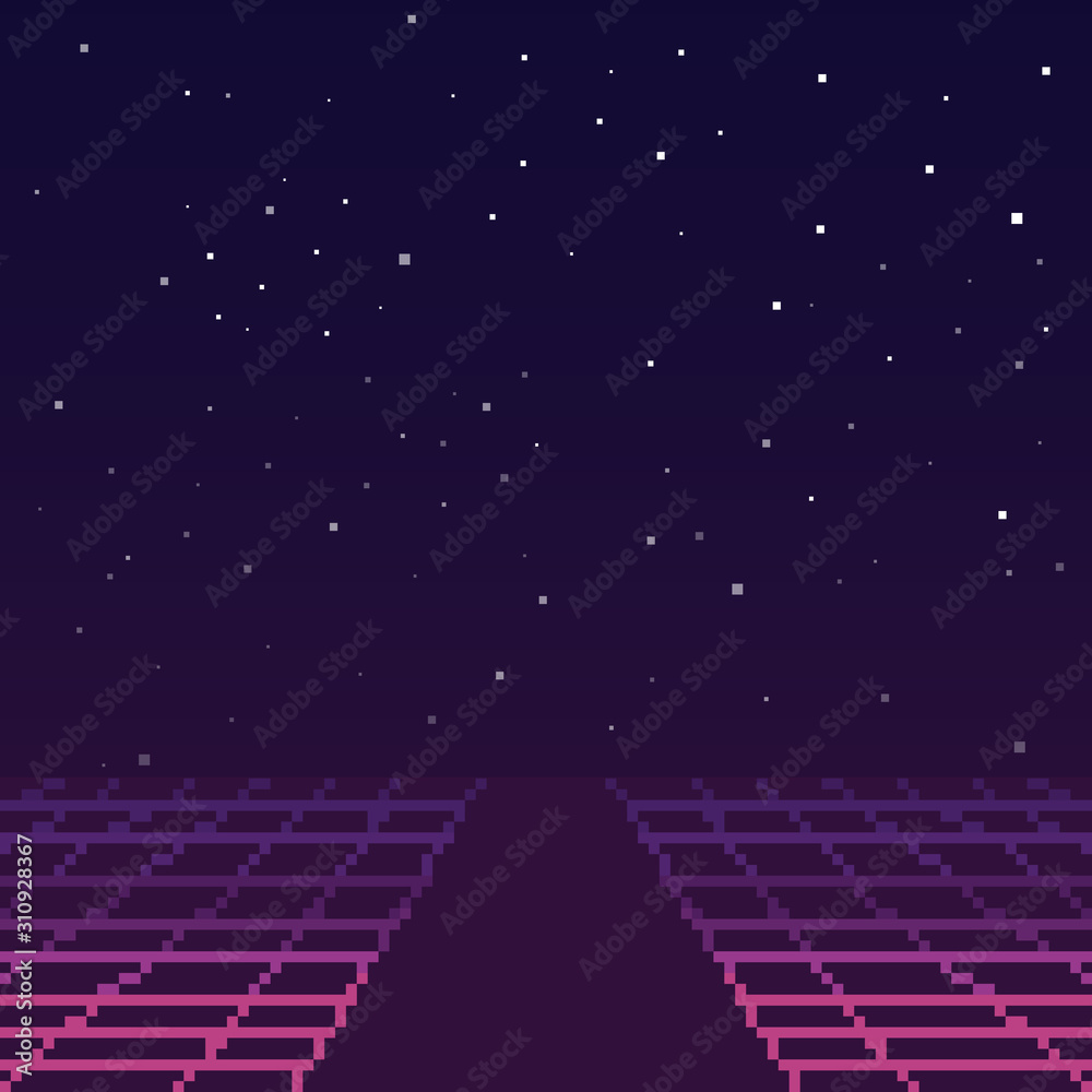 Vector pixel art of 80s Retro sci-Fi background. Synthwave, Vaporwave ...