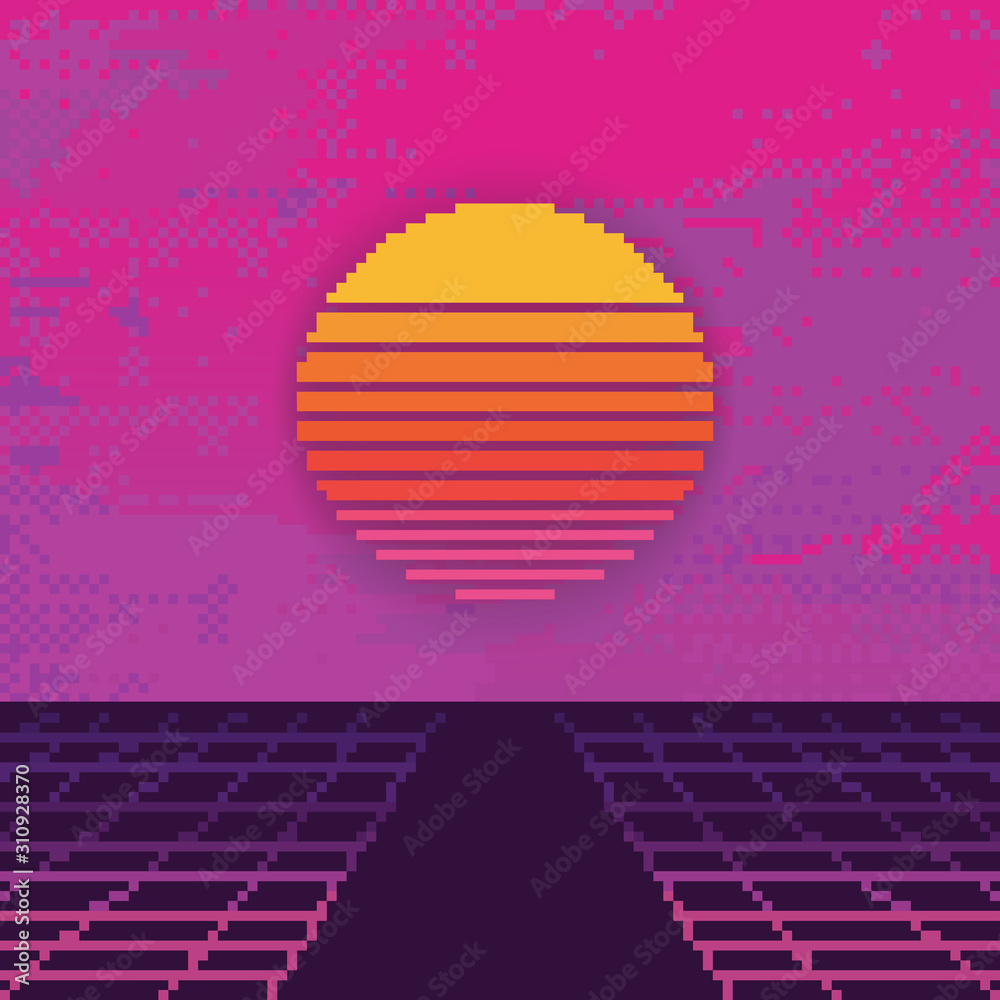 Vector pixel art of 80s Retro sci-Fi background. Synthwave, Vaporwave ...